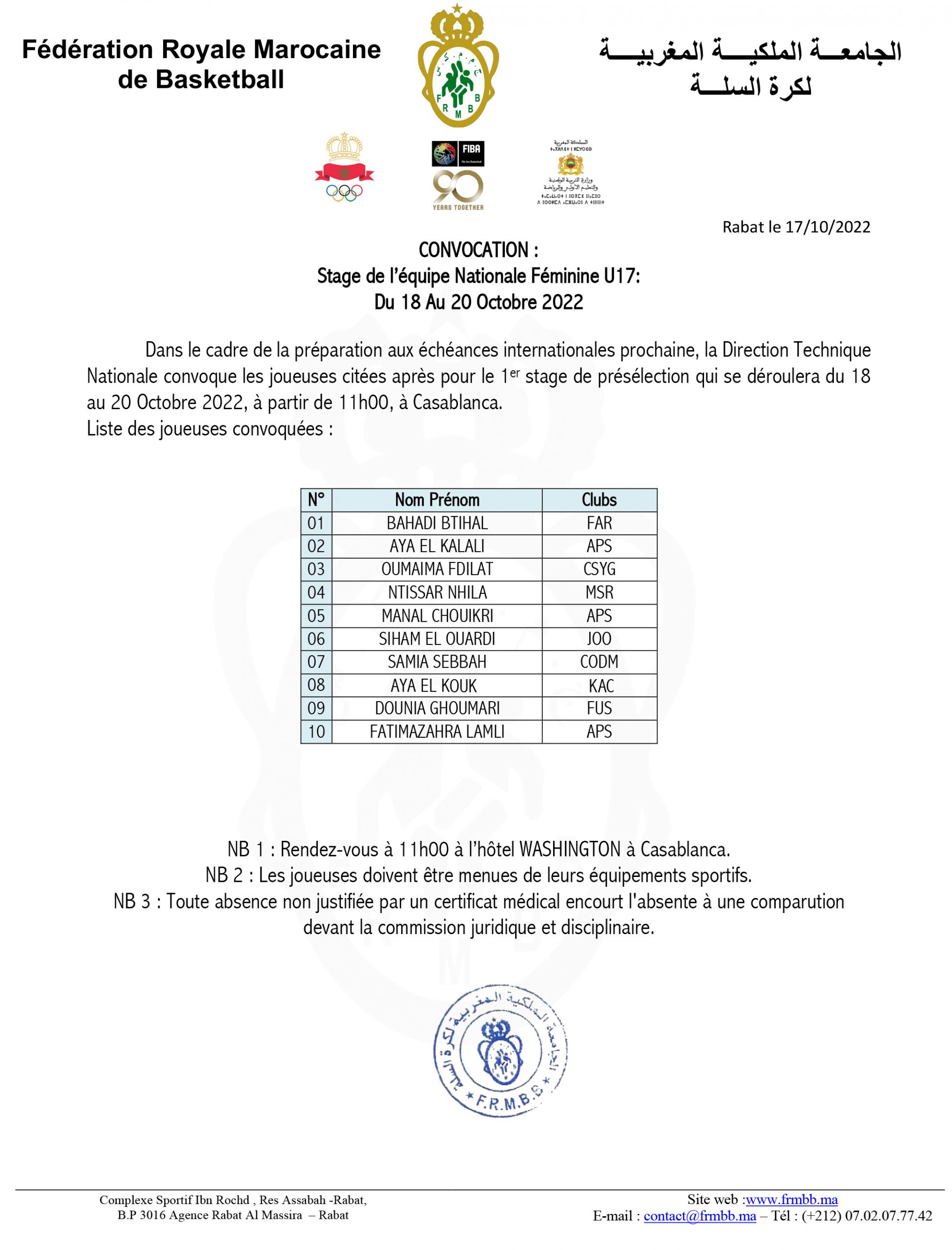 Microsoft Word – Convocation des joueuses U17.docx – Fédération Royale ...